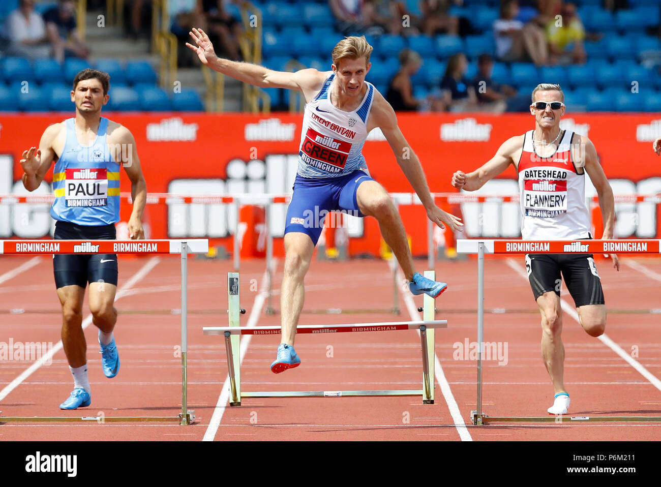 Great Britain's Jack Green (centre) hits the final hurdle during the ...