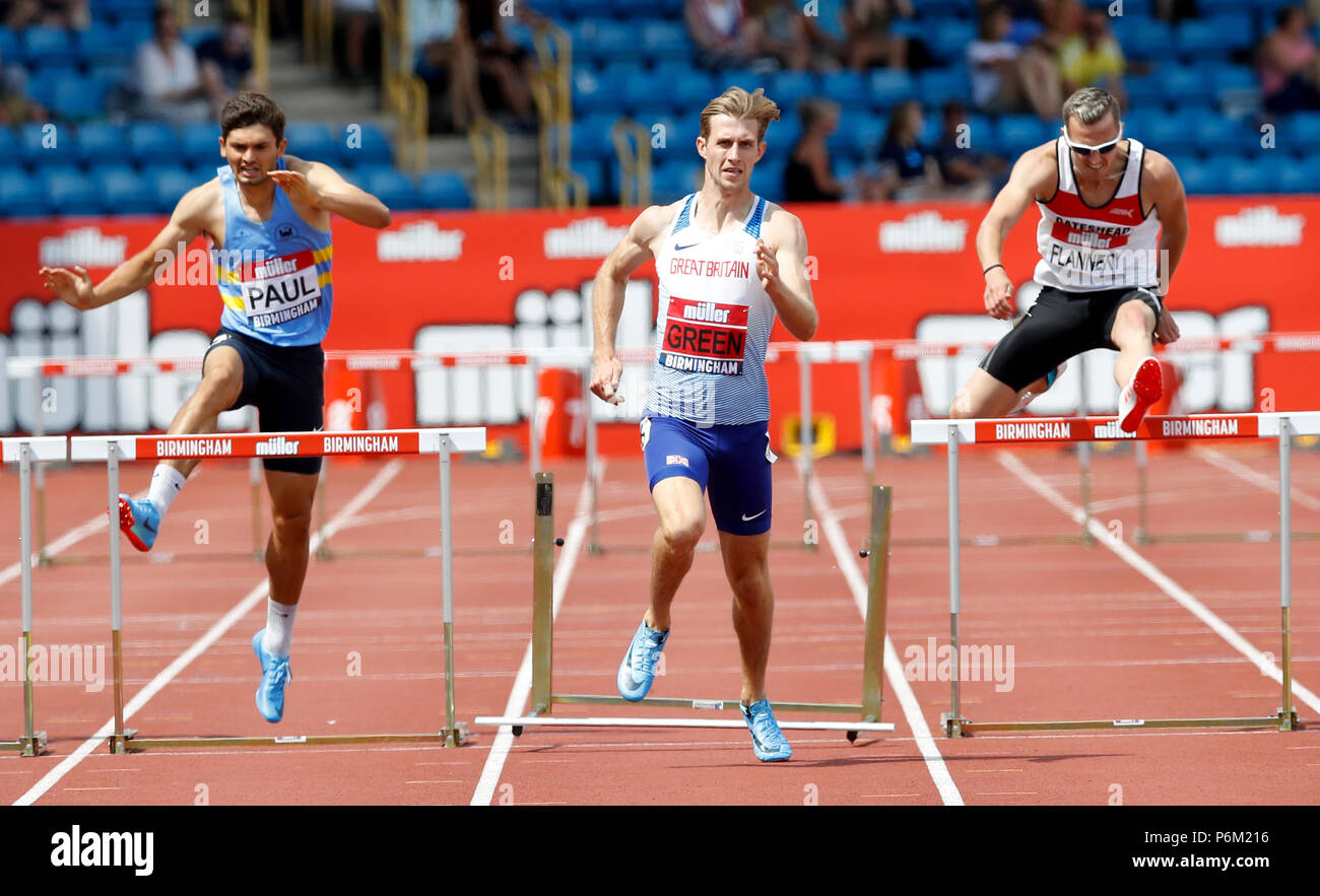 Great Britain's Jack Green (centre) hits the final hurdle during the ...