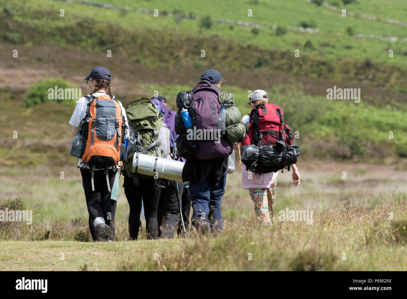 Dartmoor national Park, Devon, England, UK. A group of six young women ...