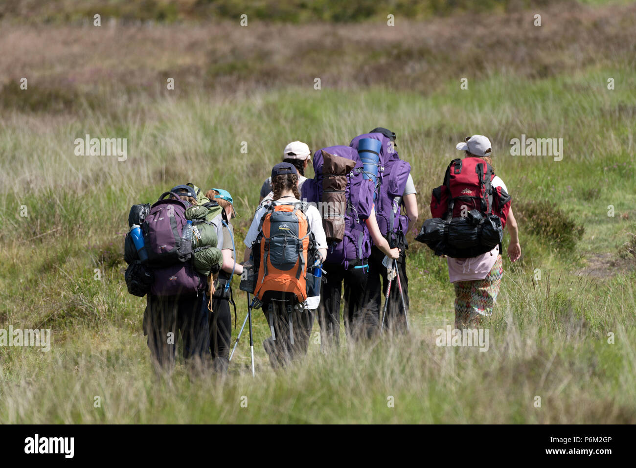 Dartmoor national Park, Devon, England, UK. A group of six young women ...