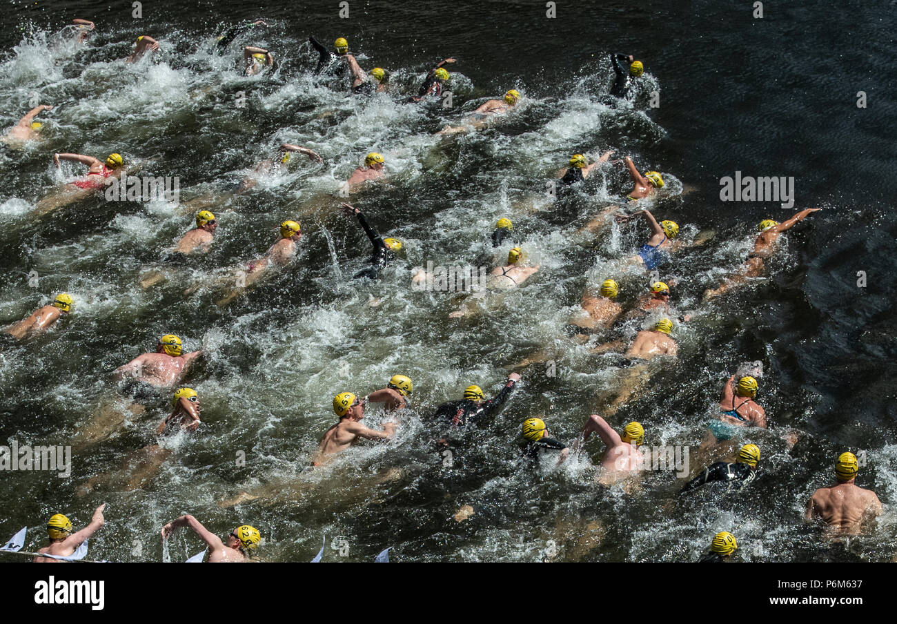 Berlin, Germany. 01st July, 2018. Participants in the river swimming ...