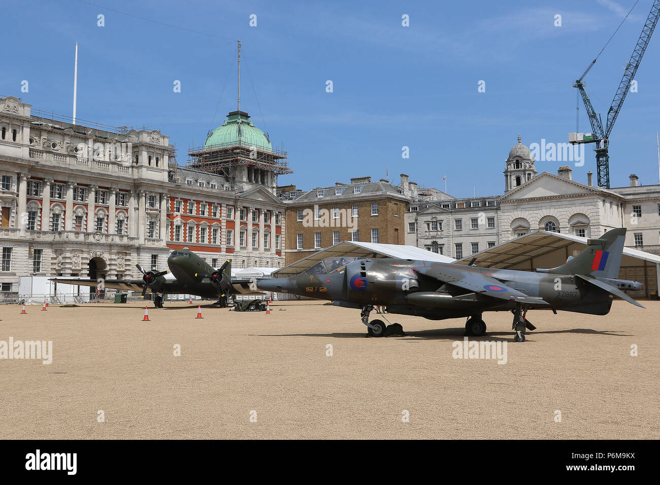 London, UK. 1st Jul, 2018. Douglas DC3 Dakota, Hawker Siddeley Harrier GR3, RAF100 Aircraft Tour ...
