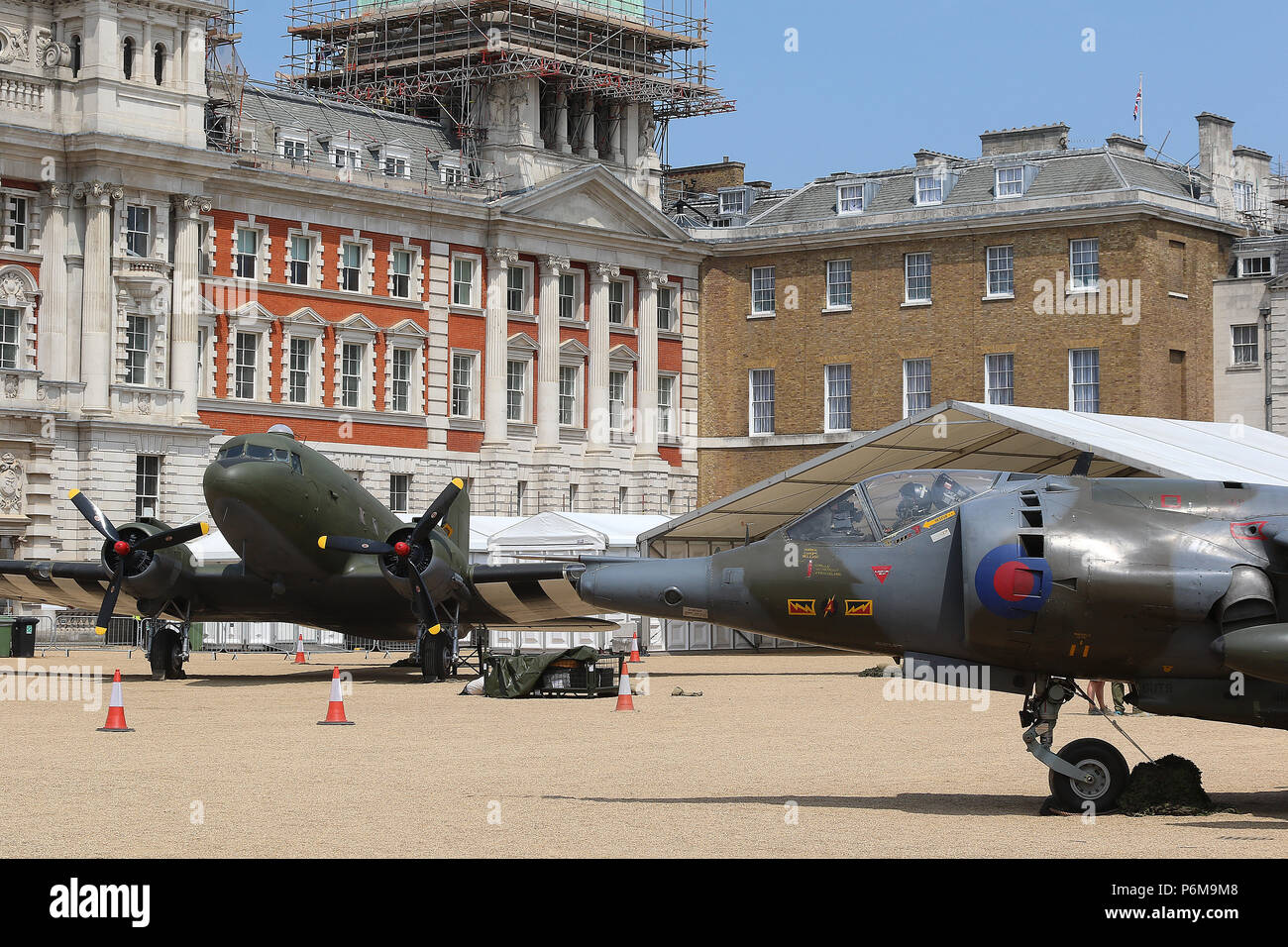 London, UK. 1st Jul, 2018. Douglas DC3 Dakota, Hawker Siddeley Harrier GR3, RAF100 Aircraft Tour ...