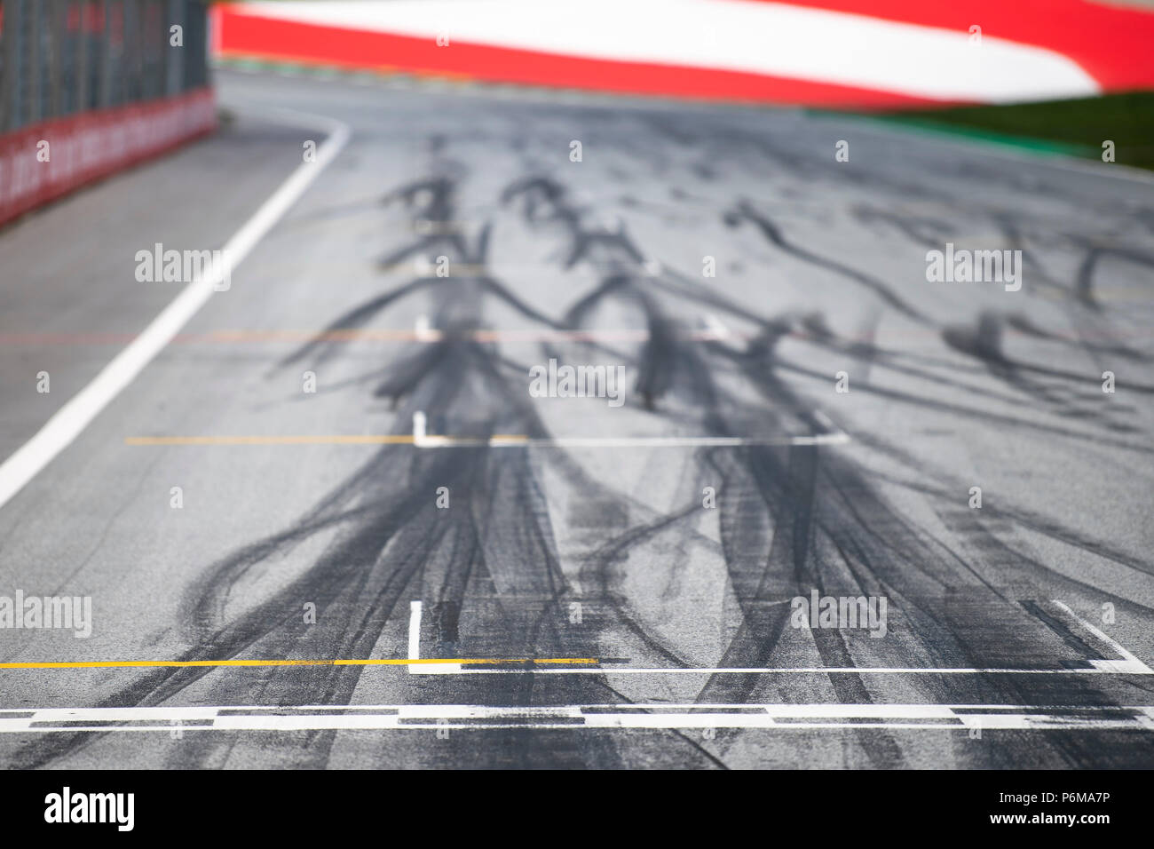 Red Bull Ring, Spielberg, Russia. 1st Jul, 2018. Tire marks are seen on ...