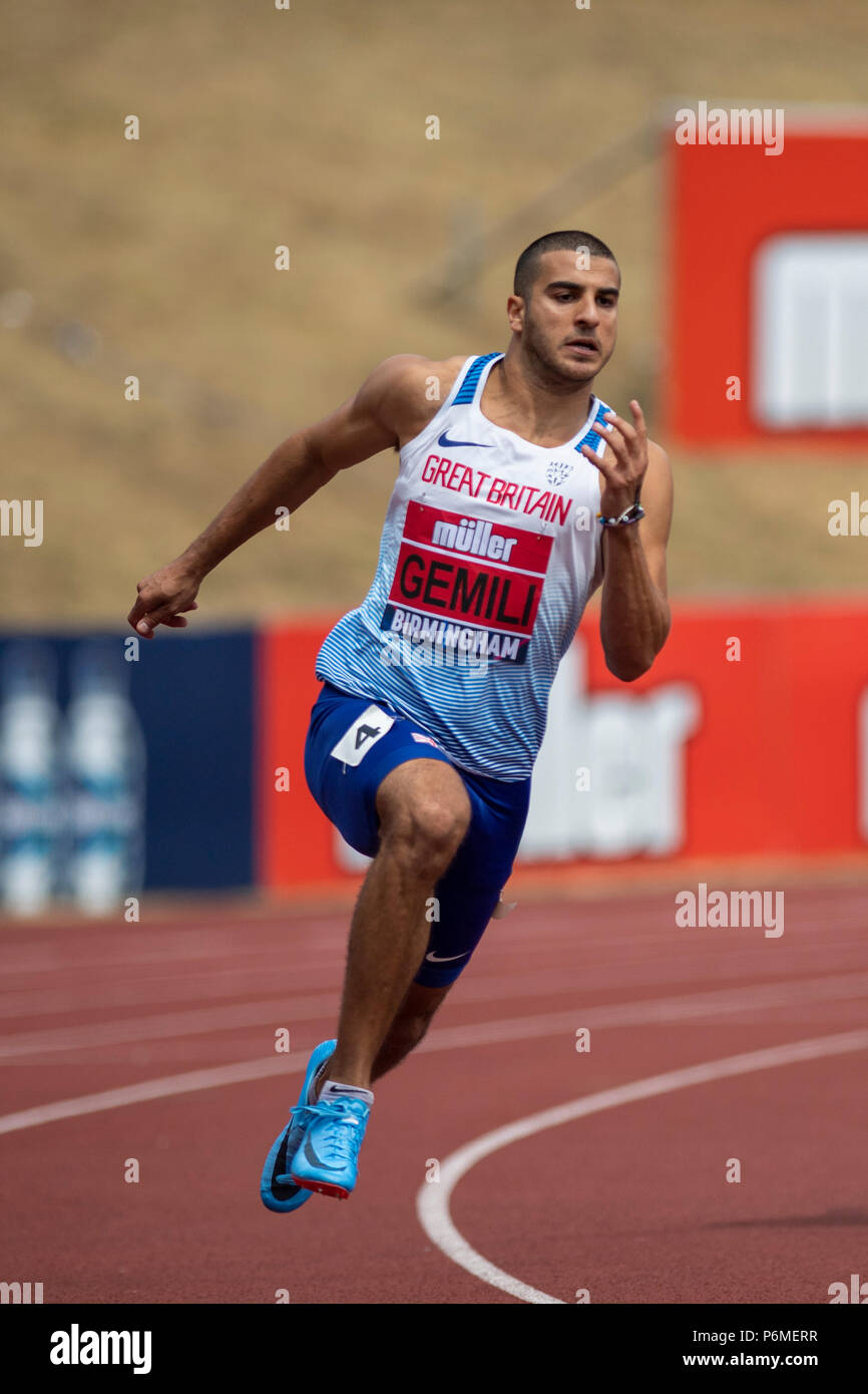 Birmingham, UK. 1st July, 2018. Adam Gemili competes in the 200m during ...