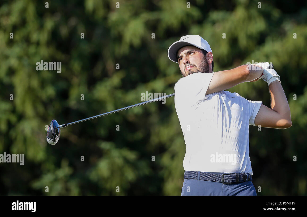 Potomac, MD, USA. 1st July, 2018. Abraham Ancer drives off of the 18th ...