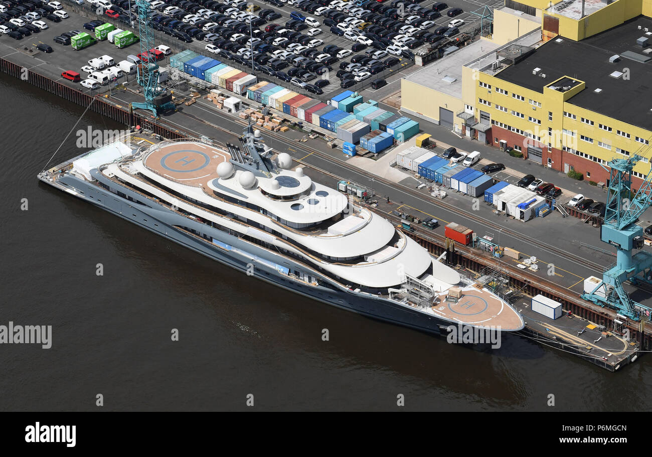 Bremen, Germany. 15th June, 2018. An aerial view shows the mega yacht ...