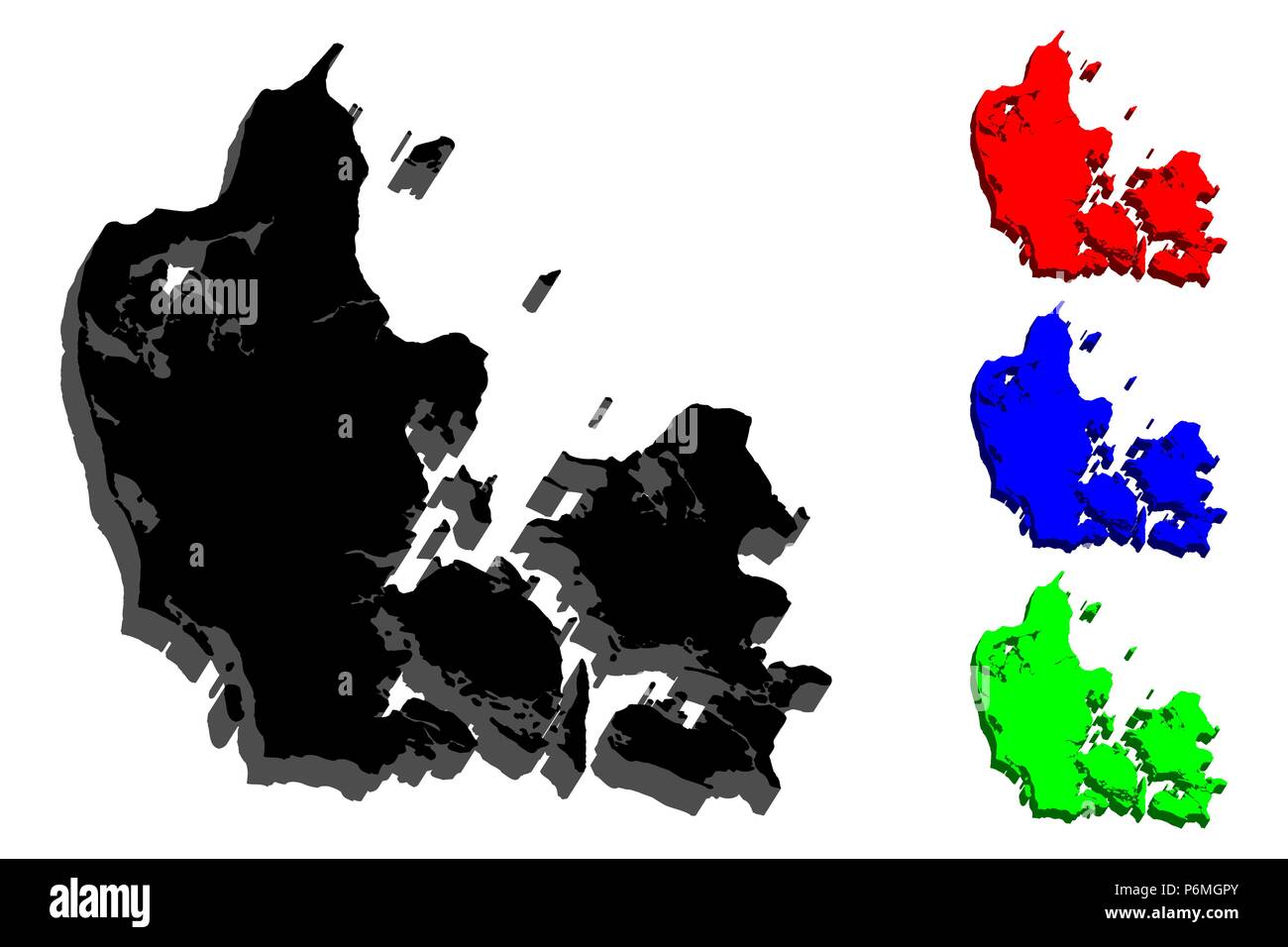 3D map of Denmark (Kingdom of Denmark) - black, red, blue and green ...
