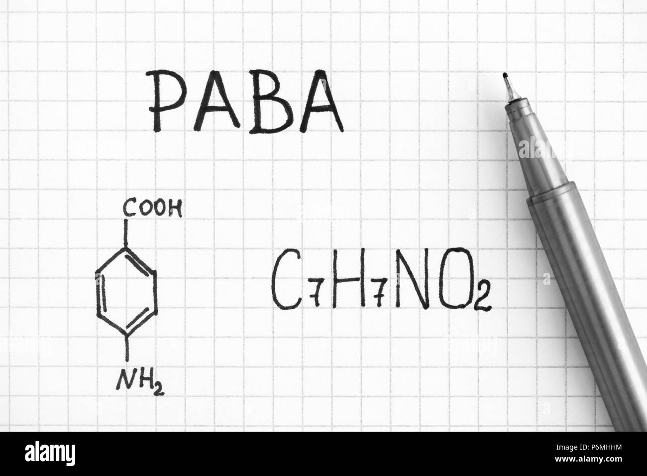 Chemical formula of PABA with pen. Close-up Stock Photo - Alamy