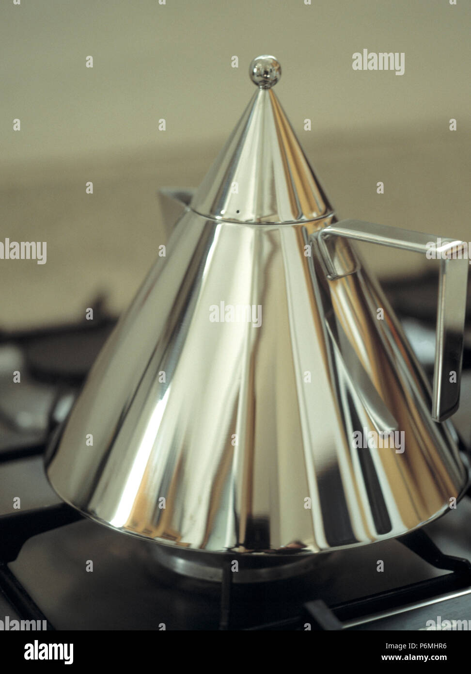Close-up of stainless steel Conico kettle designed by Aldo Rossi for ...
