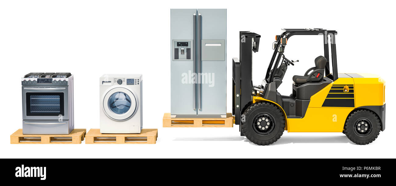 Delivery of household and kitchen appliances. Forklift truck with ...