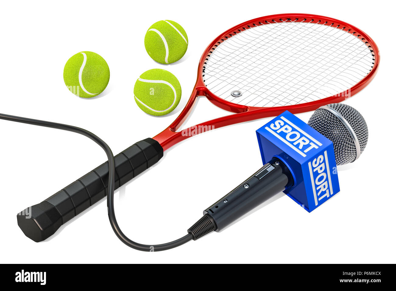 Tennis News concept. Microphone sport news with tennis ball and racket ...