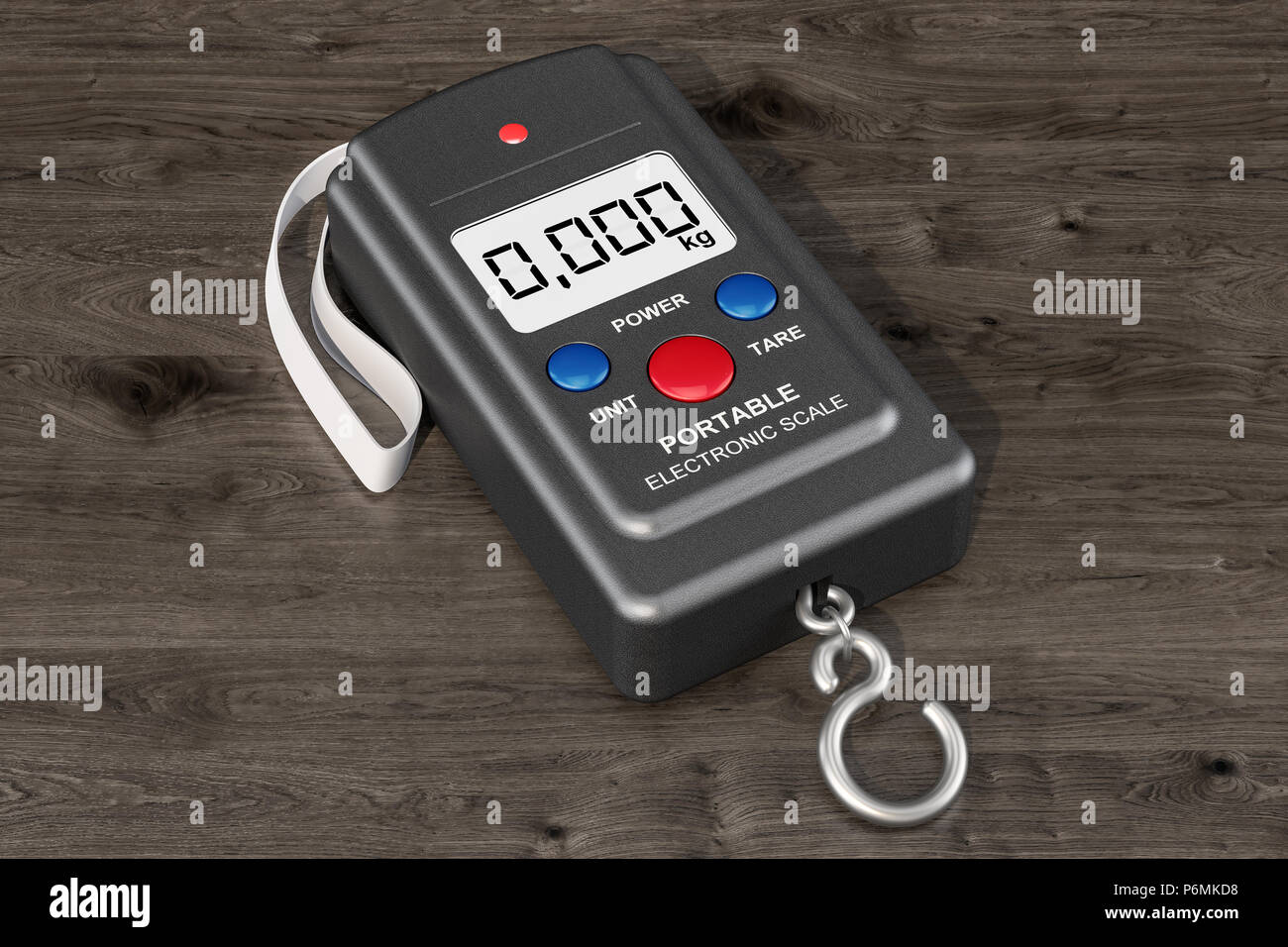 Portable electronic scale on the wooden table, 3D rendering Stock Photo ...
