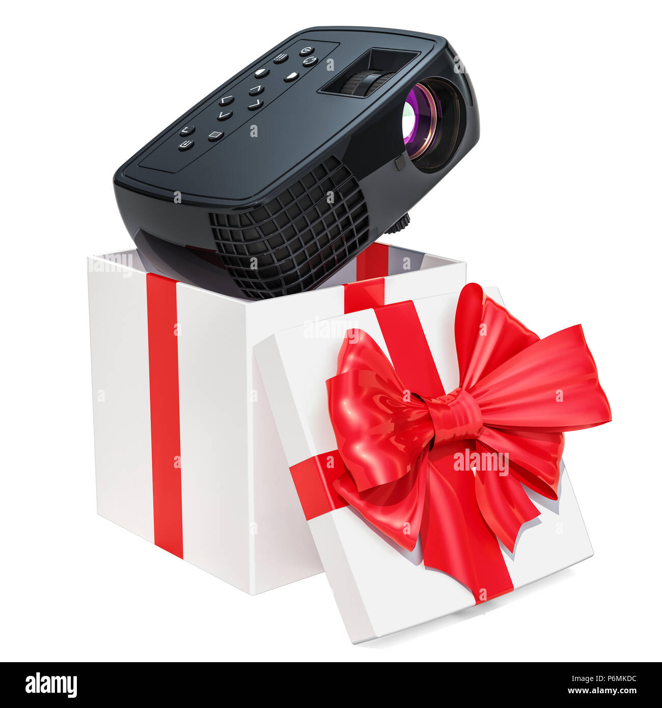 Projector inside gift box, gift concept. 3D rendering isolated on white ...