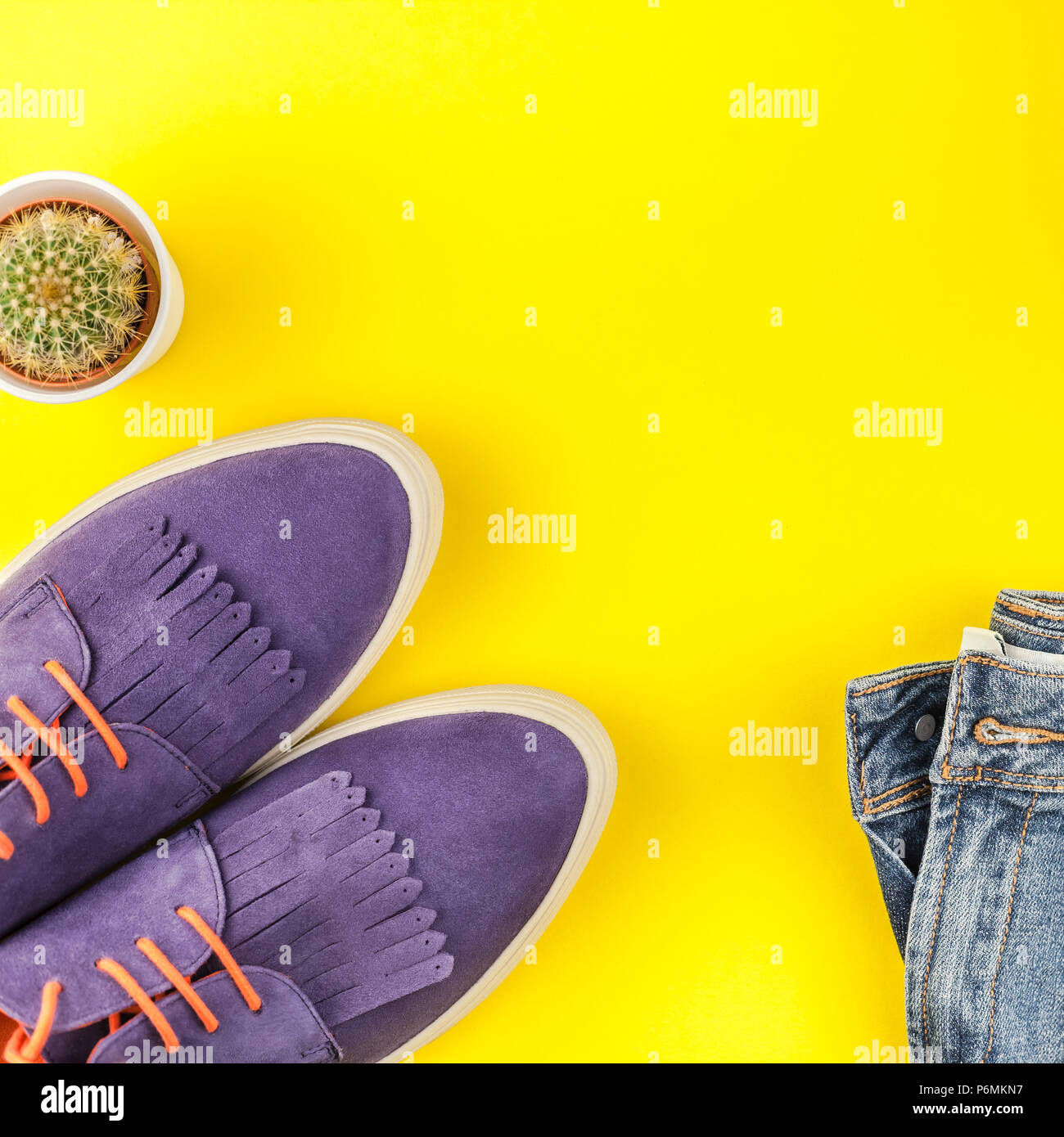 Flat lay of suede shoes, blue jeans, cactus and smartphone headphones ...