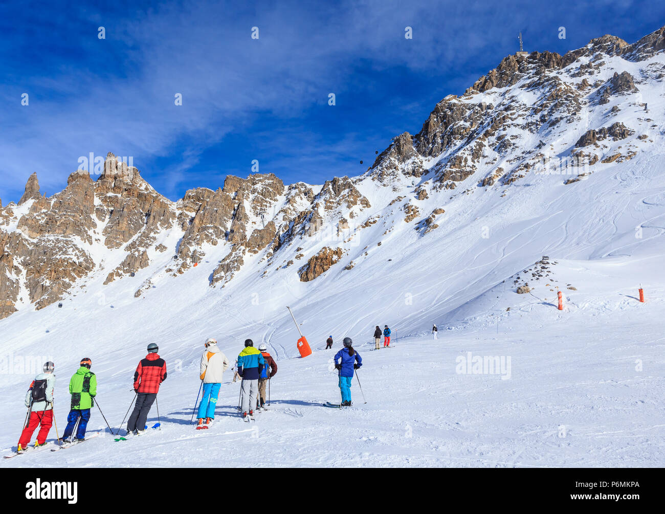 Skiers on the slopes of the ski resort of Meribel, France Stock Photo ...