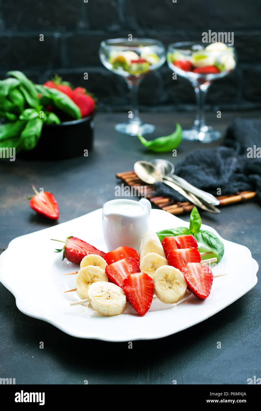 canape with strawberry and banana, fresh fruits, diet food Stock Photo ...