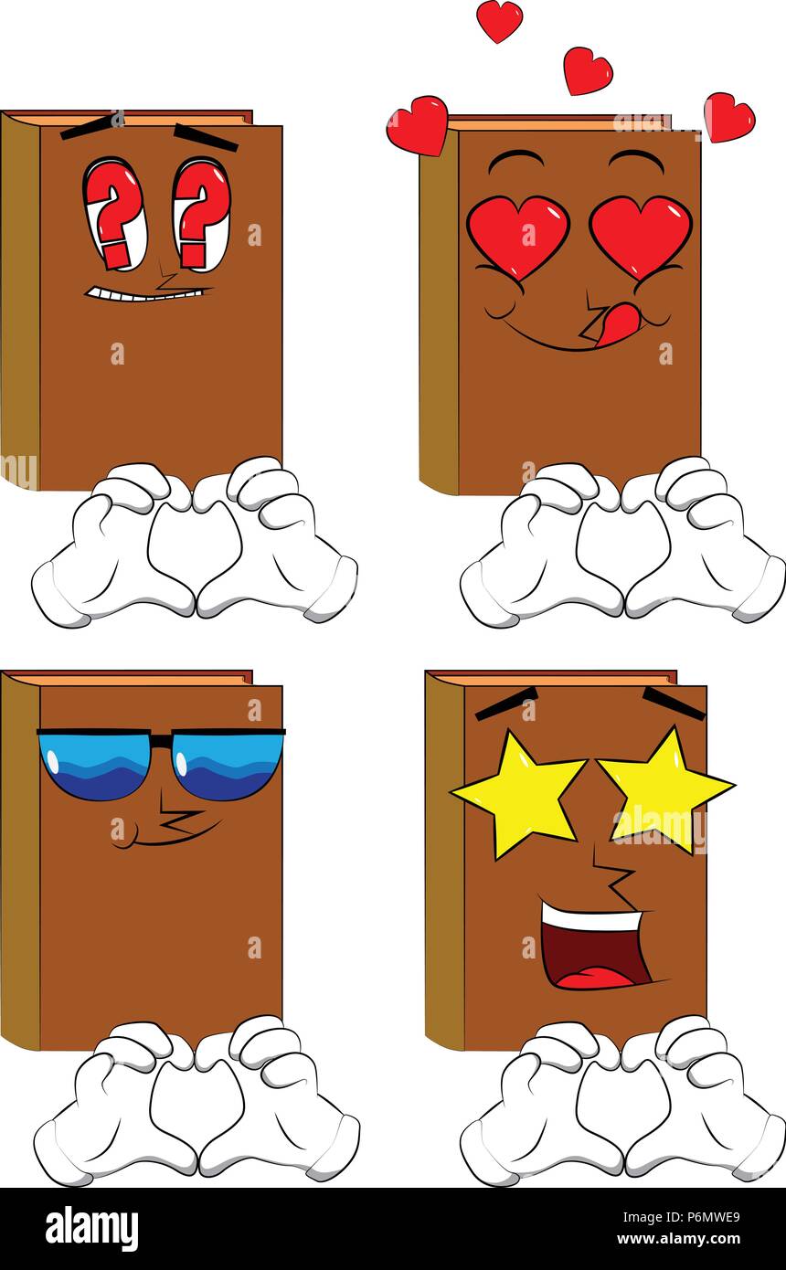 Books with heart shape hand gesture. Cartoon book collection with ...