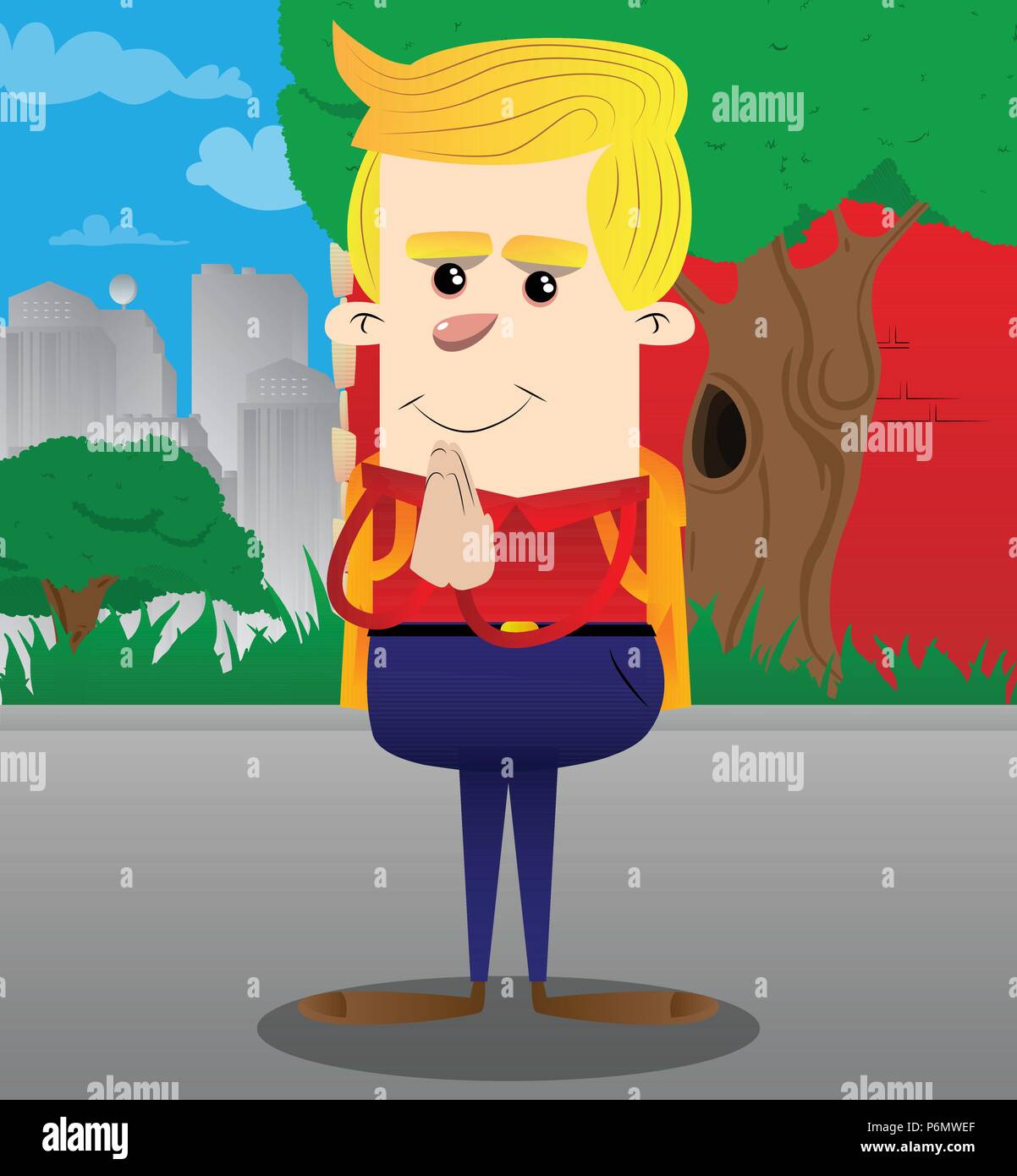 Schoolboy with praying hands. Vector cartoon character illustration ...