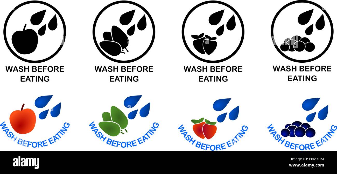 Wash before eating set of symbols. Black and color version sign, drops ...