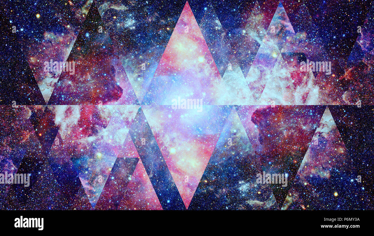 Image of the nebula, galaxy and the sacred geometry collage. Abstract ...
