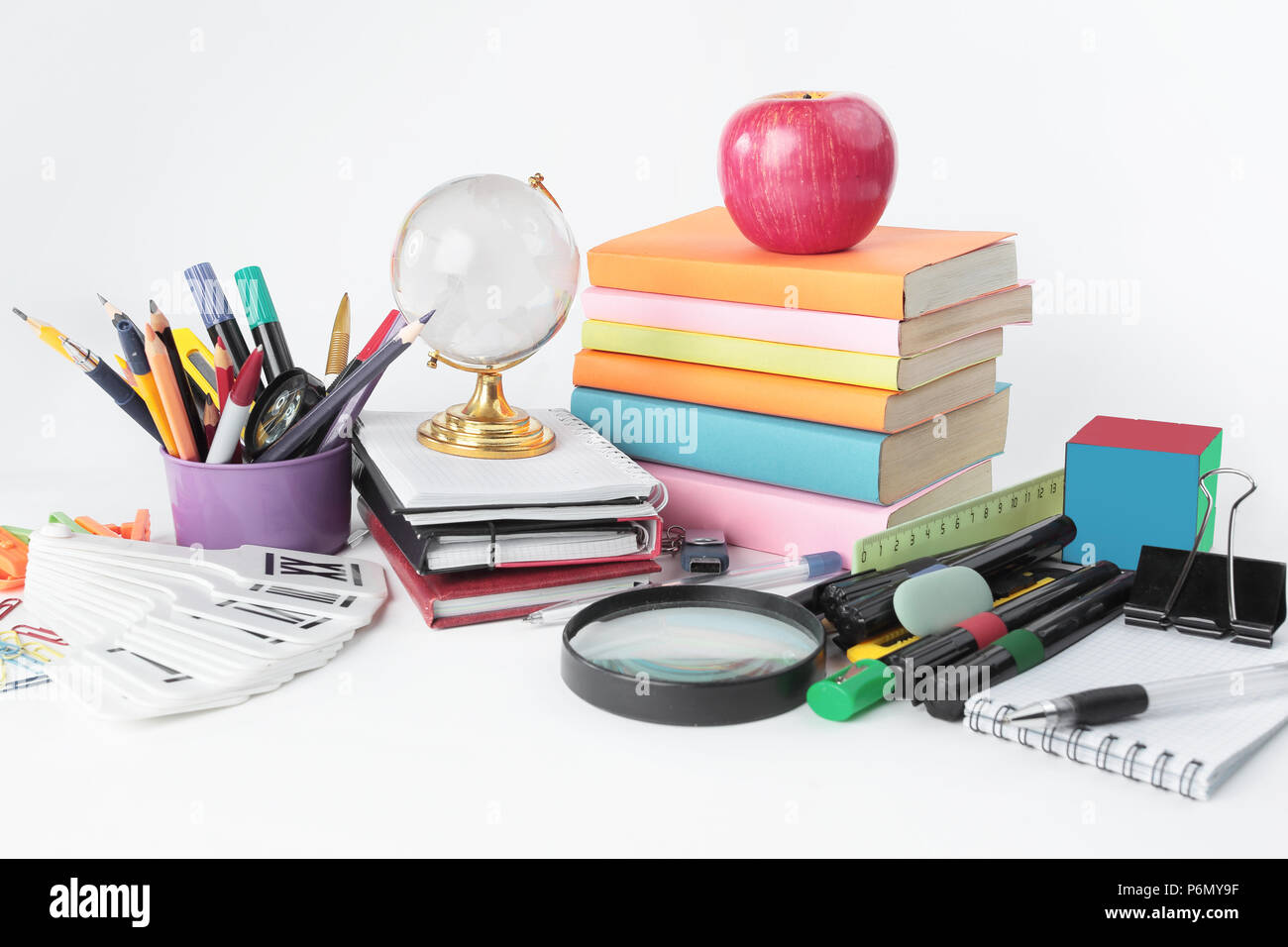 variety of colorful school supplies on a white background Stock Photo ...