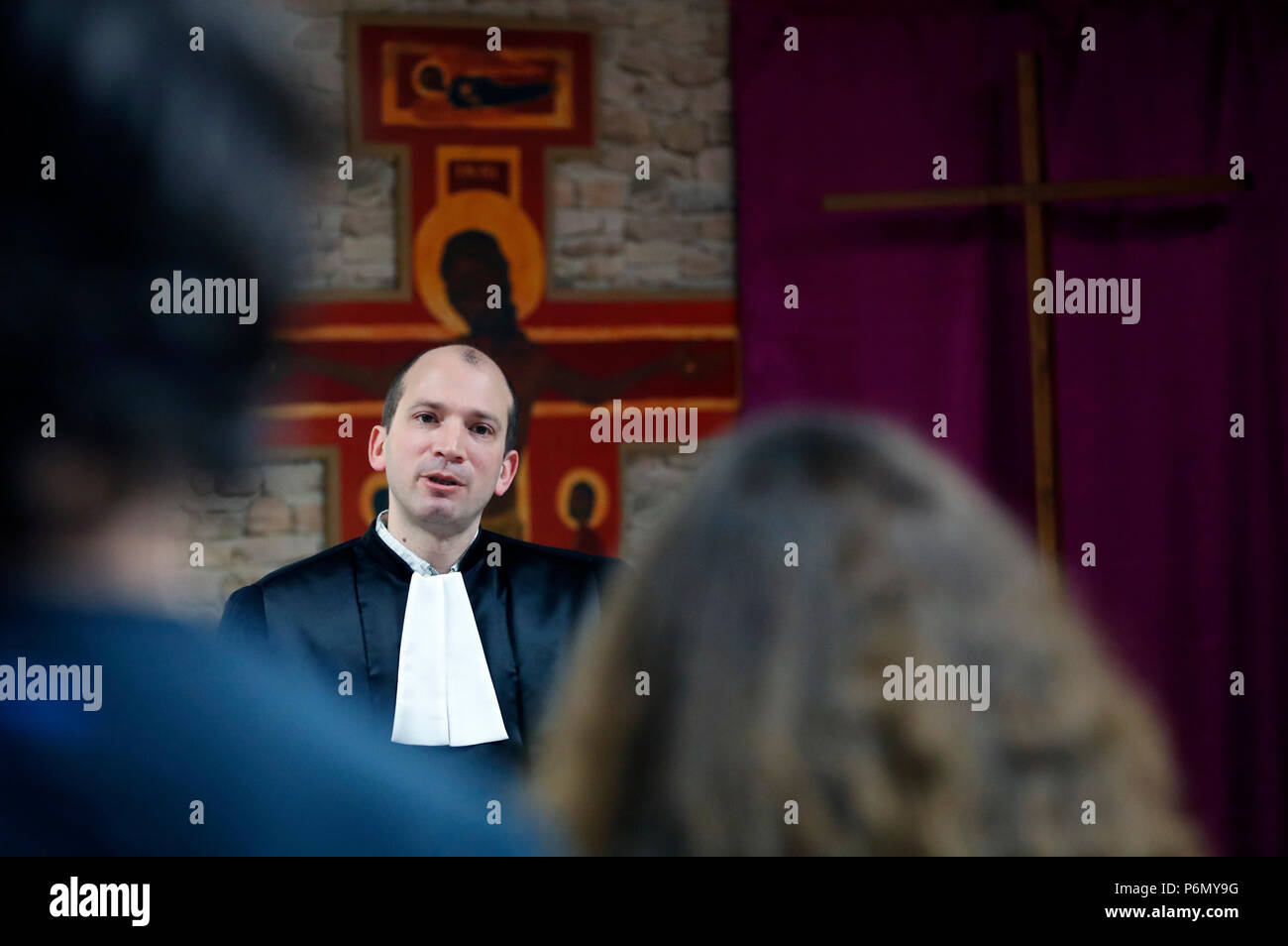 Protestant service. Pastor preaching a sermon. Cluses. France Stock ...
