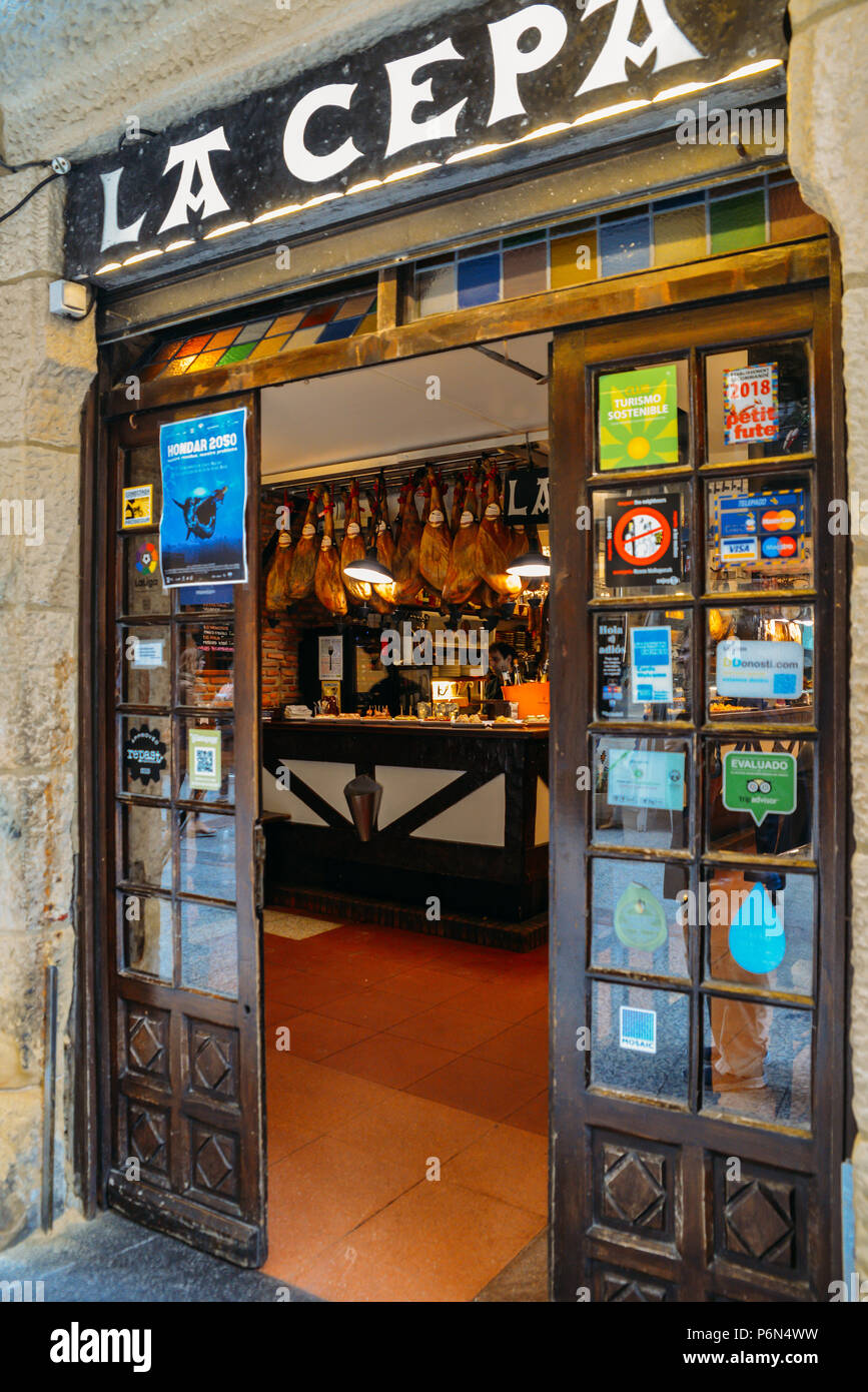 View of a bar with traditional pinchos in San Sebastian, Basque Country ...