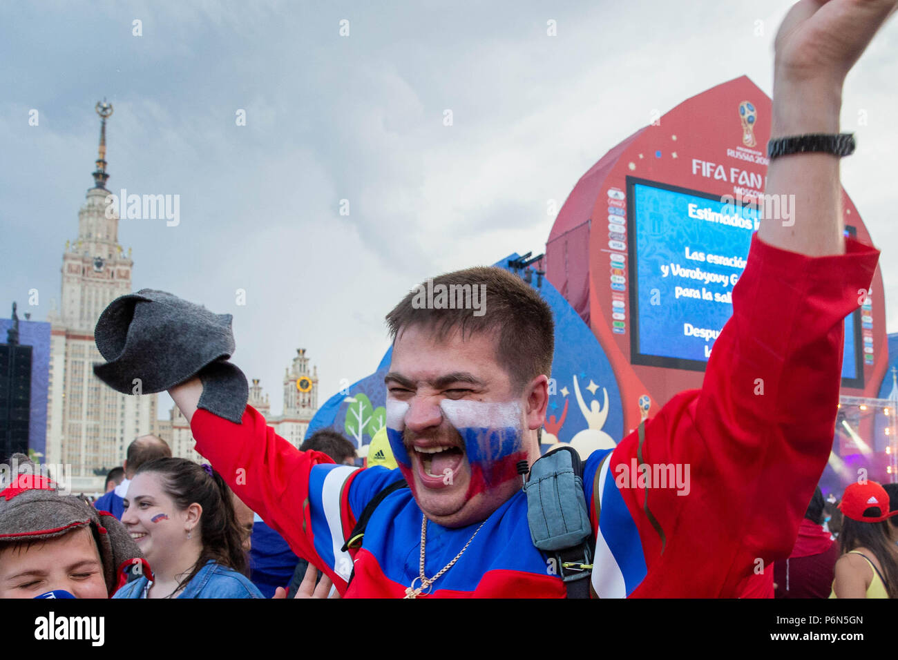 Russia fans celebrating in the fan zone in Moscow their victory over ...
