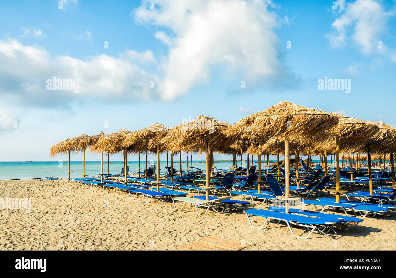 Empty beach early in the morning at Elafonisi Lagoon, Crete Island ...