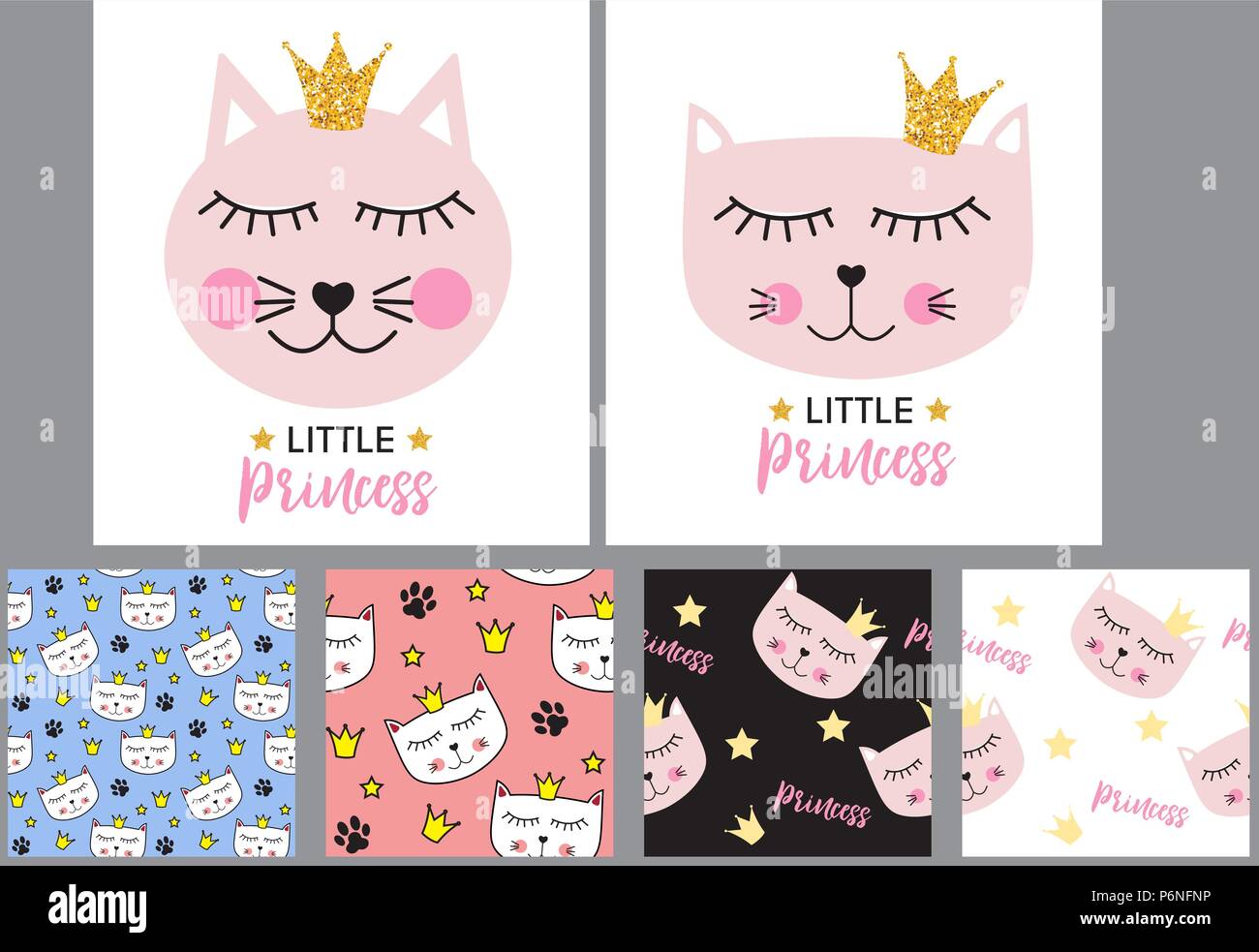 Little Cute Cat Princess Background and Seamless Pattern. Vector ...