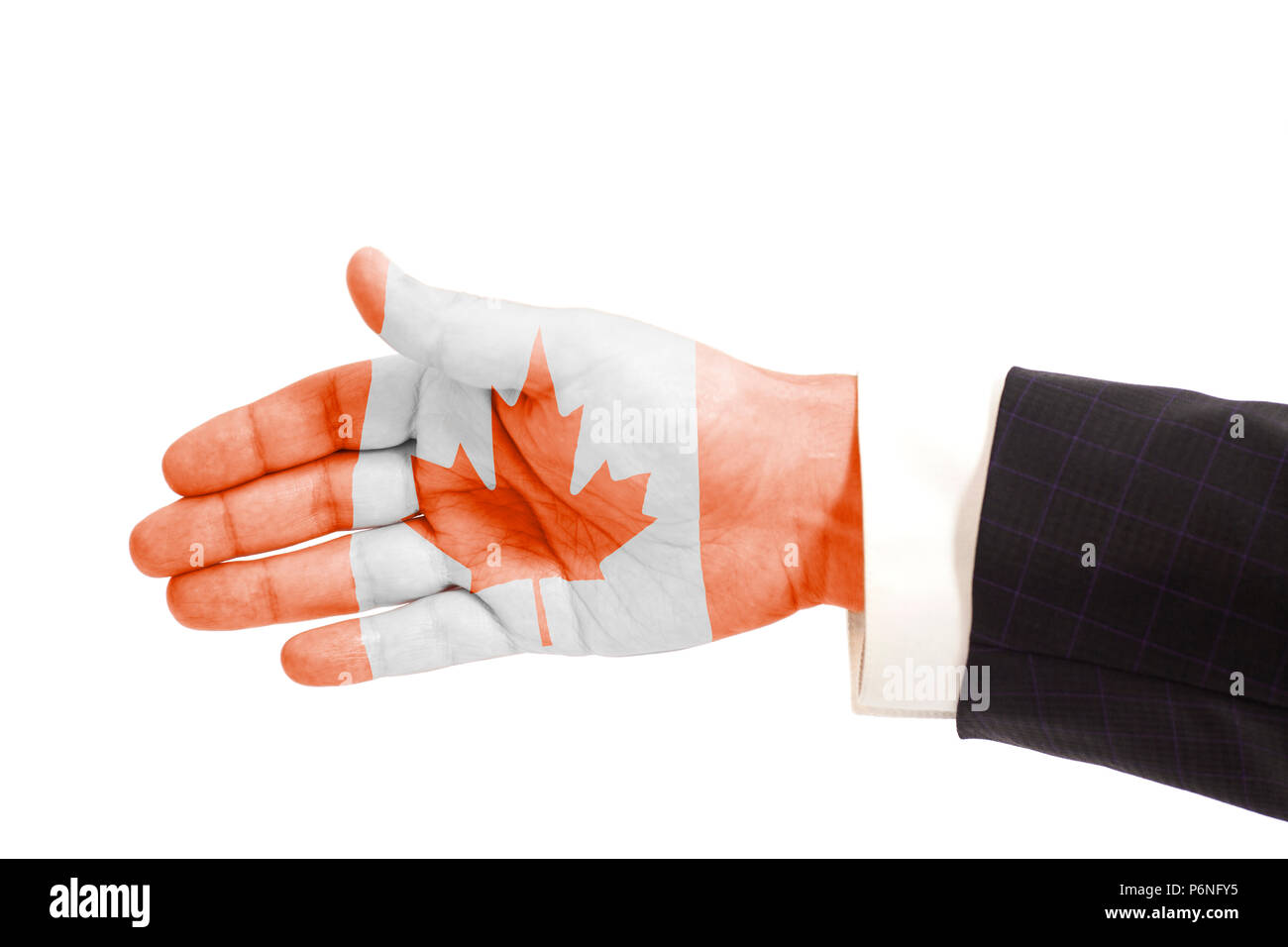 Handshake gesture businessman hand with Canada flag isolated on white ...
