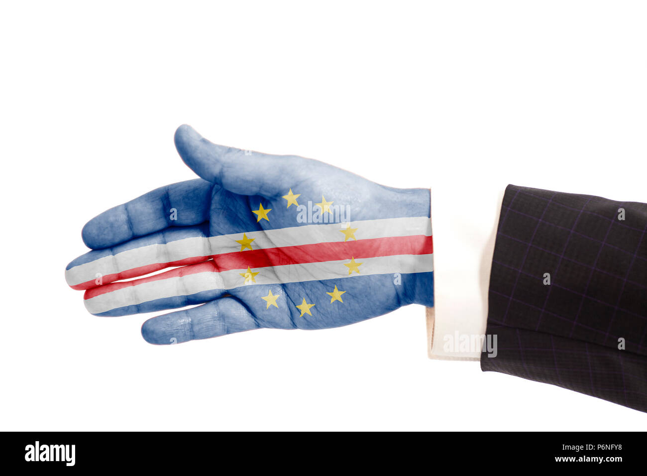 Handshake gesture businessman hand Cape Verde flag isolated on white ...