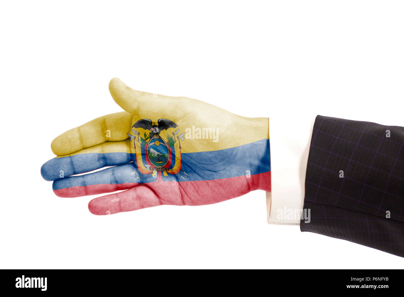 Handshake gesture businessman hand with Ecuador Flag isolated on white ...