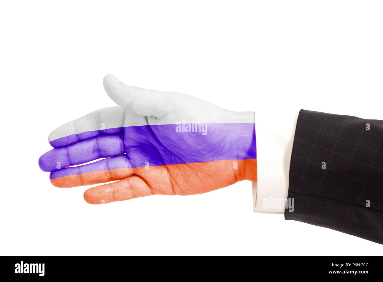 Handshake gesture businessman hand with Russian flag isolated on white ...