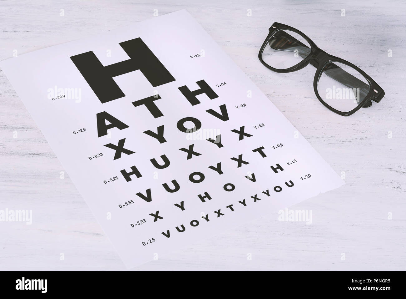 Eye glasses on eyesight test chart. Text vision concept Stock Photo - Alamy