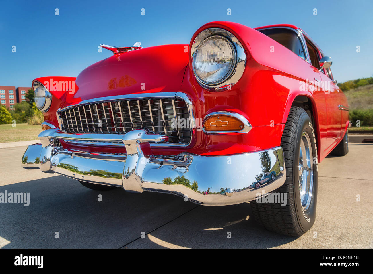 A red 1955 Chevrolet 210. American Classic Car. Front view closeup ...