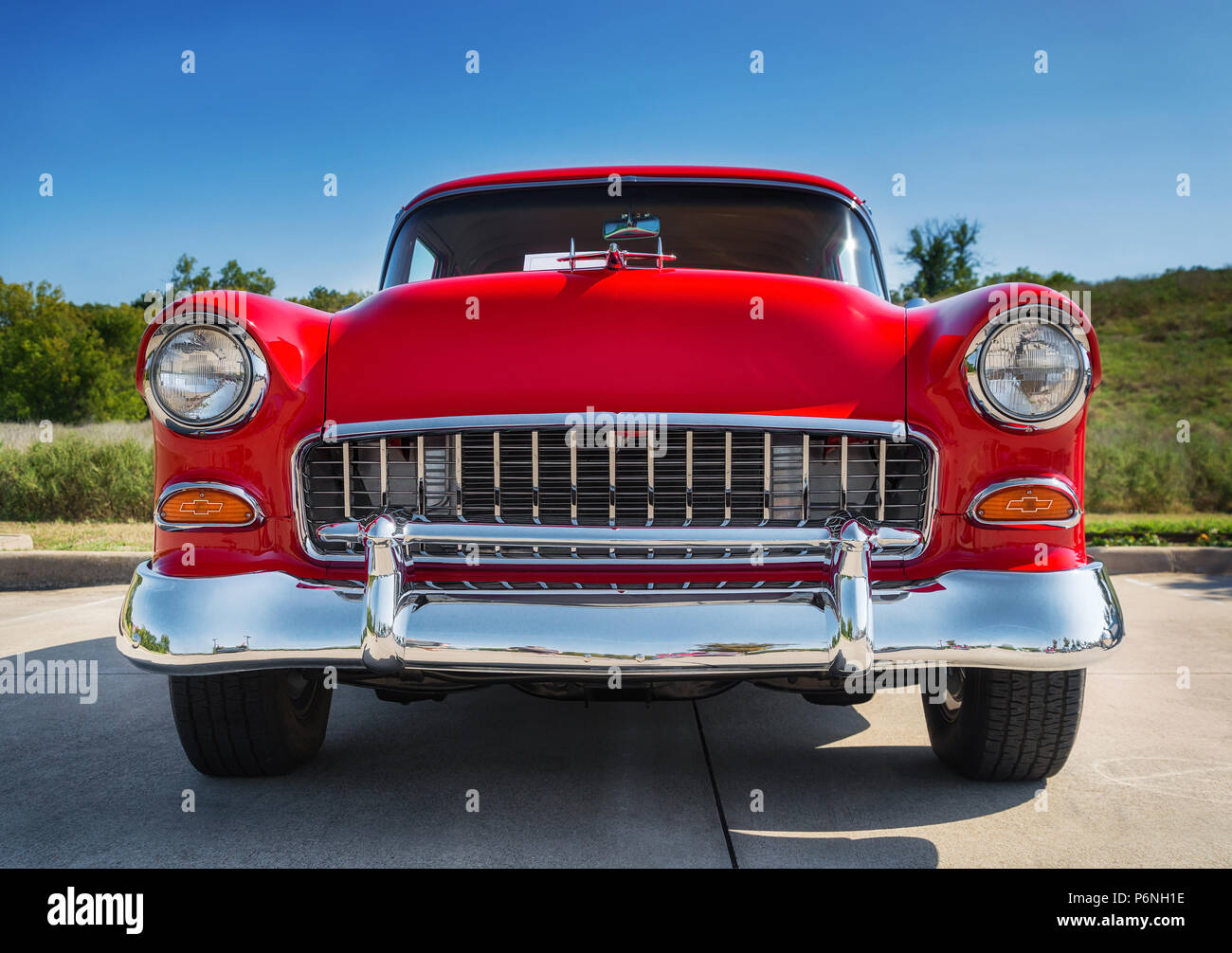 A red 1955 Chevrolet 210. American Classic Car. Front view Stock Photo ...