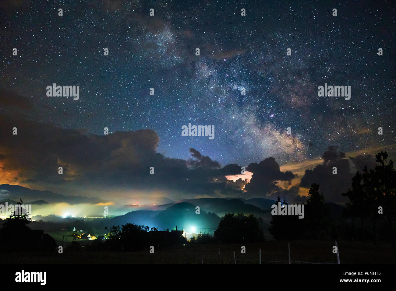 Nightscape with city lights and Milky Way Stock Photo - Alamy