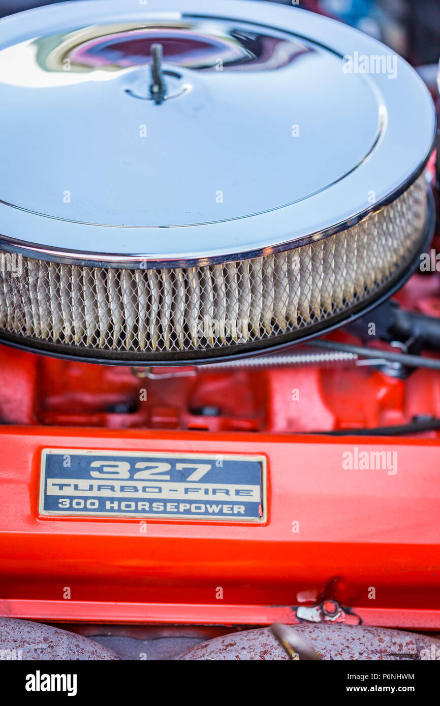 Shallow depth of field closeup of the air filter, intake manifold and ...
