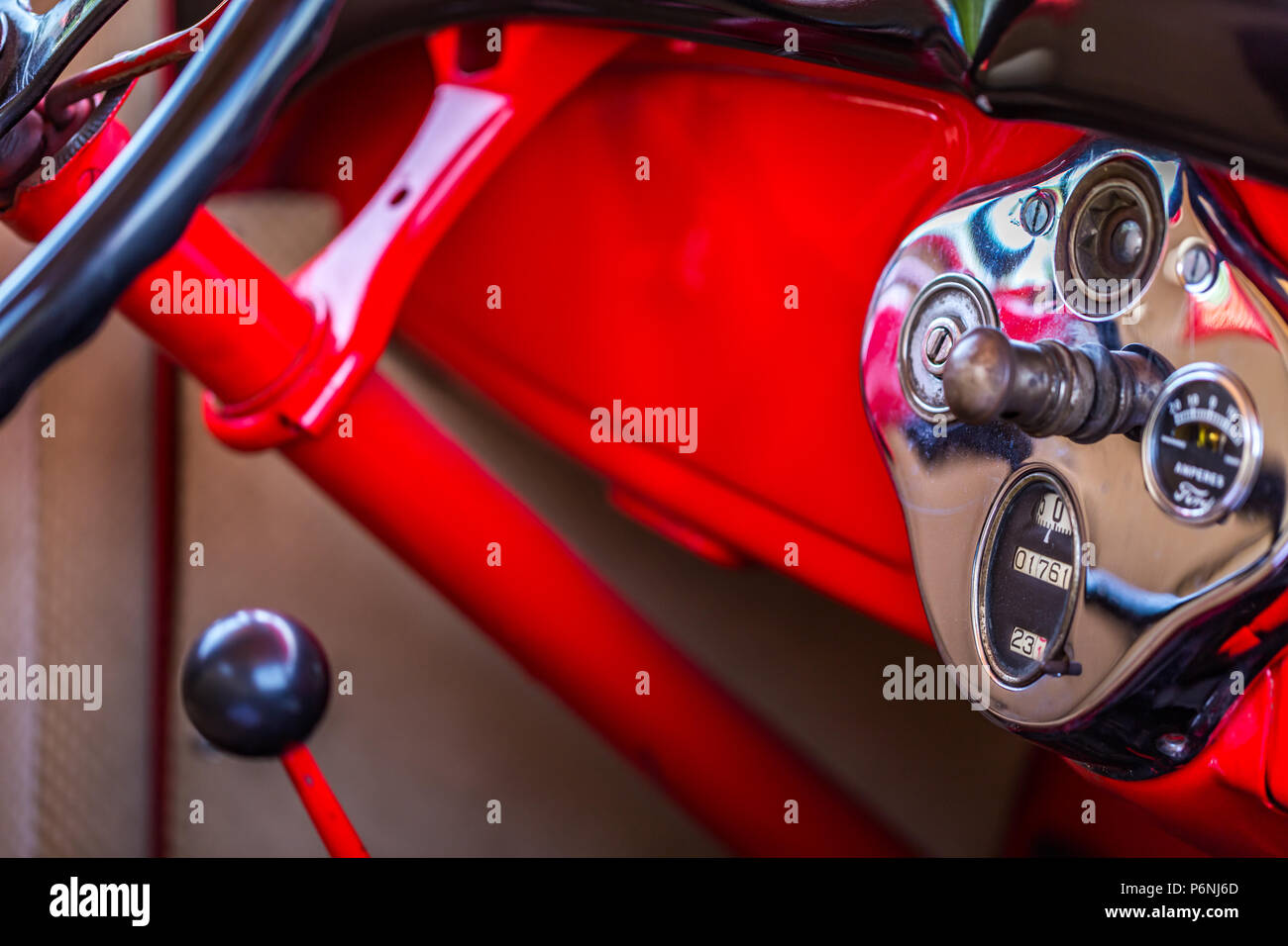 Shallow depth of field closeup of the dashboard and instrumentation on ...