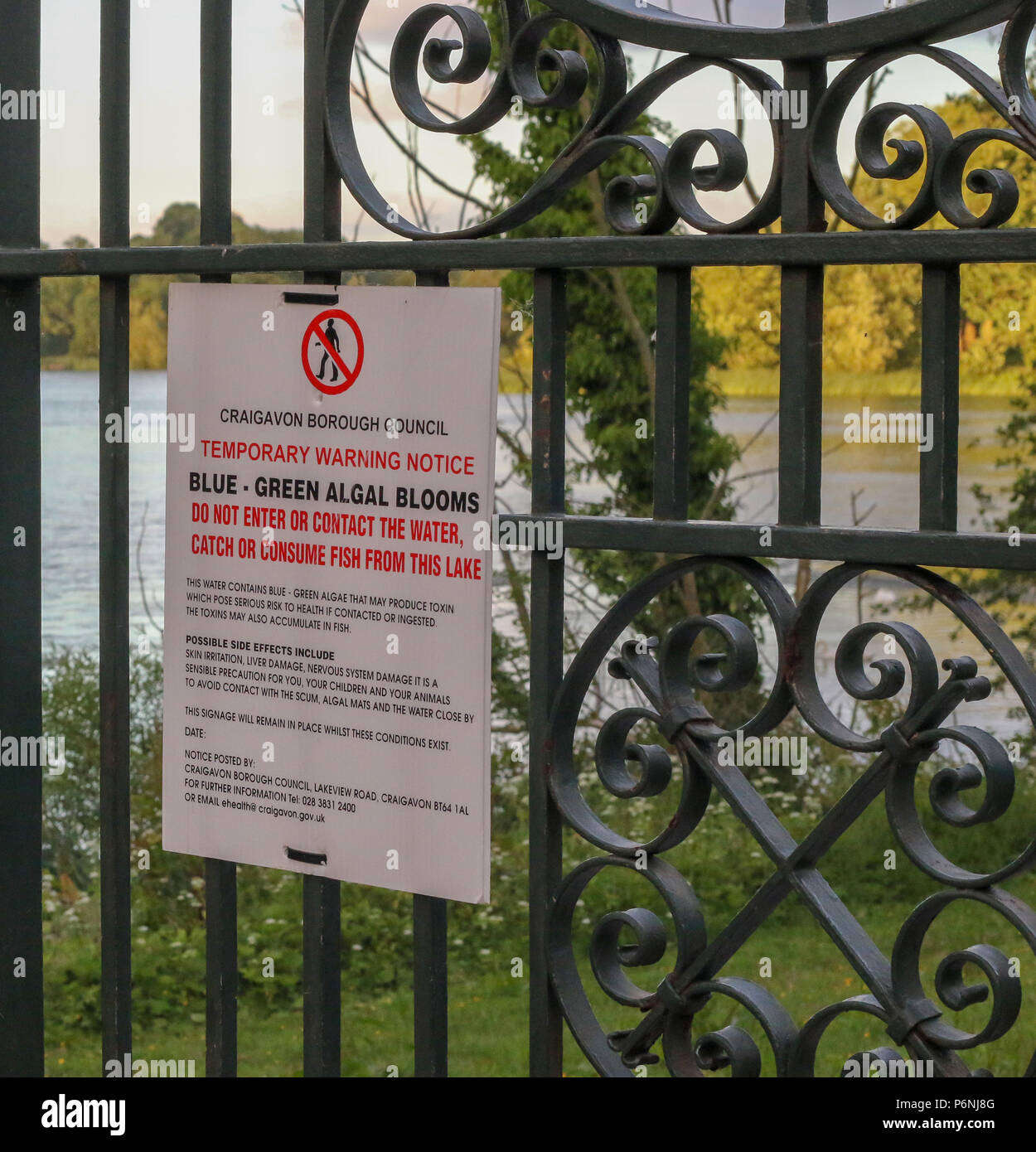 Temporary warning notice on park gate about blue-green algal blooms ...