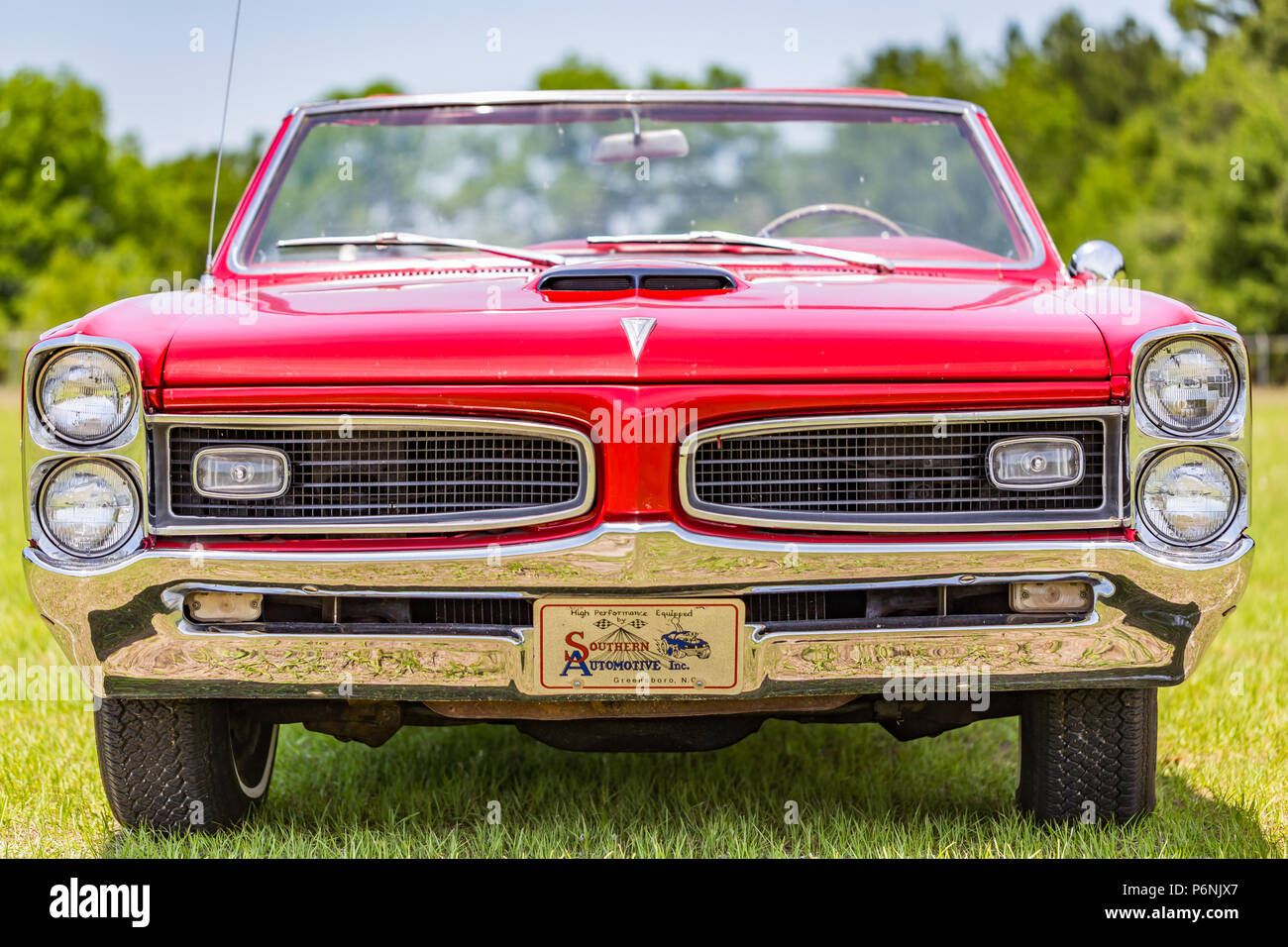 shallow depth of field closeup of the front end on a 1966 Pontiac ...