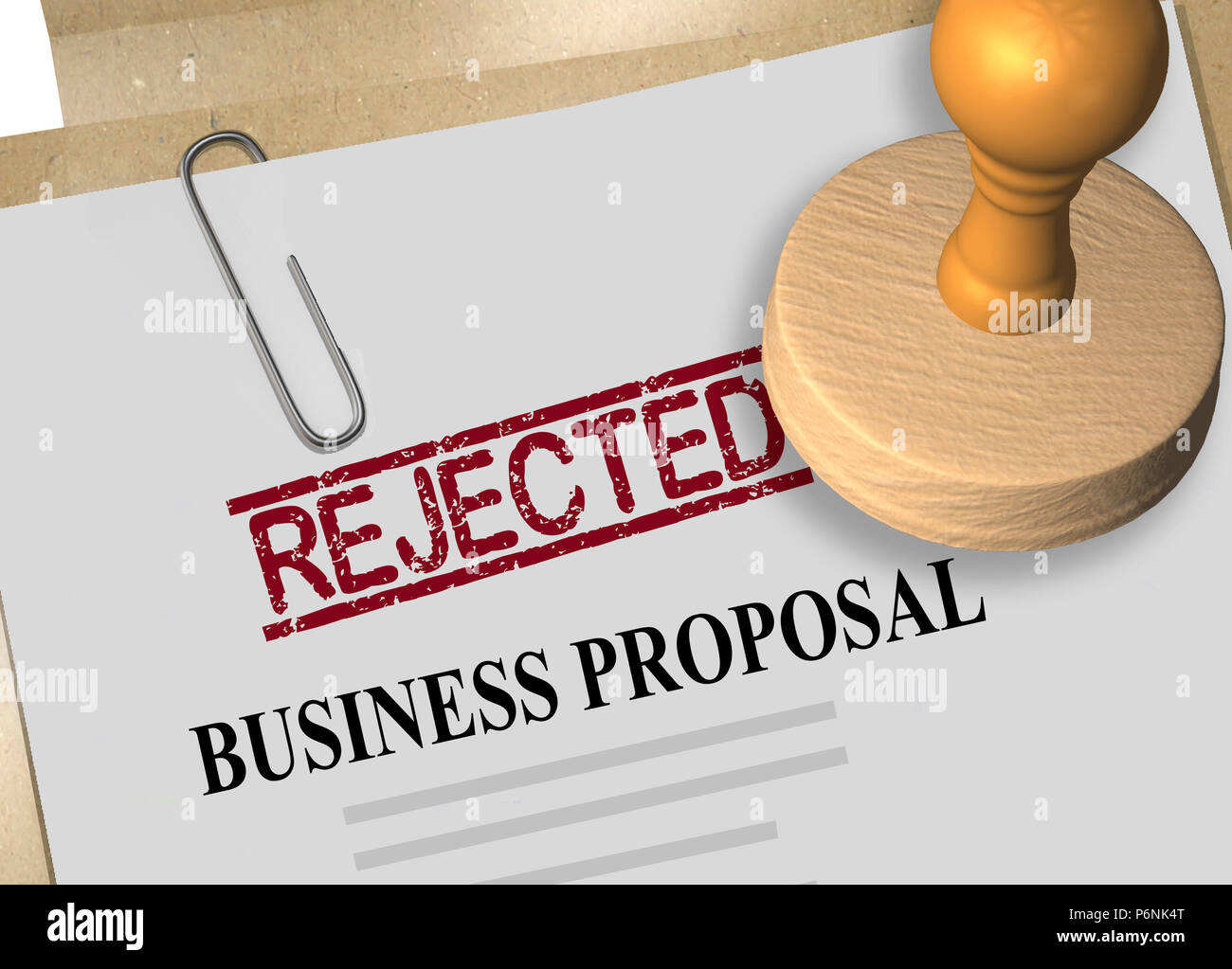 3D illustration of REJECTED stamp title on business proposal document ...