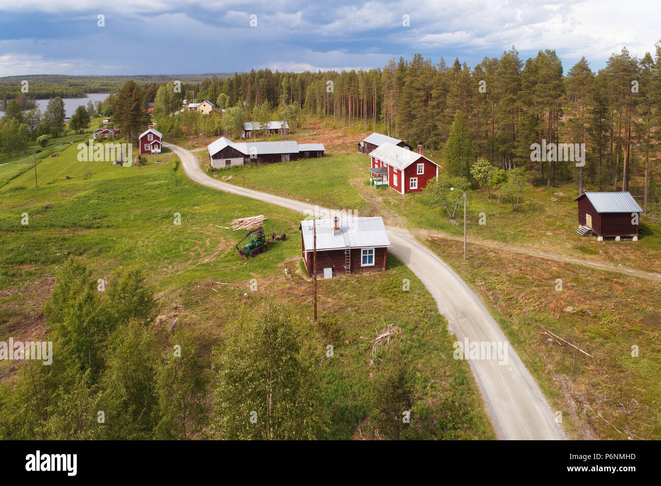 Ranea, Sweden - June 16, 2018: Aerial view of a narrow road passing ...