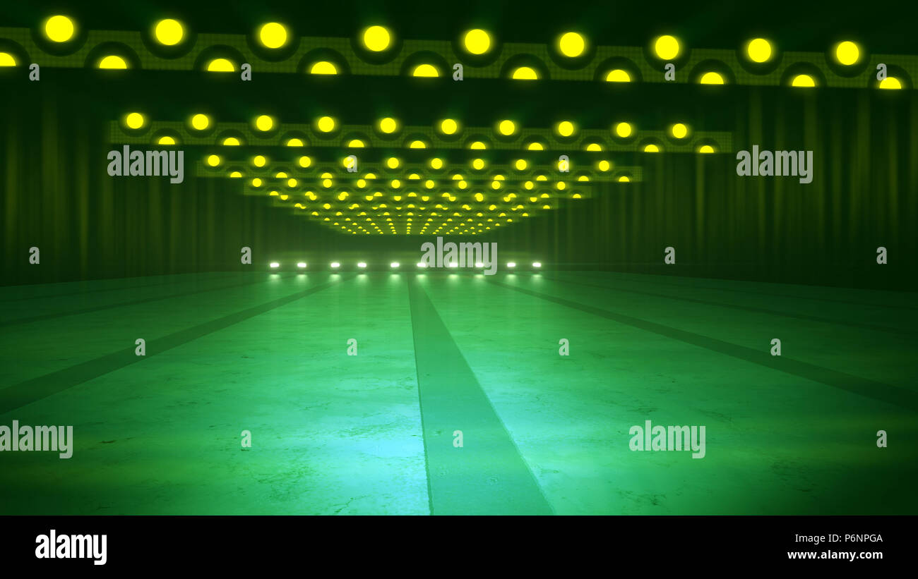 An impressive 3d rendering of yellow neon spotty lamps of an ...