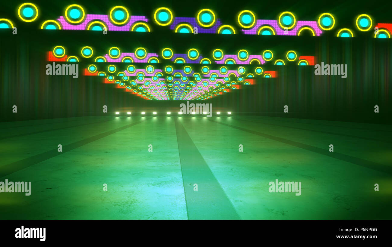 An arty 3d illustration of celeste neon spots in yellow circles and red ...