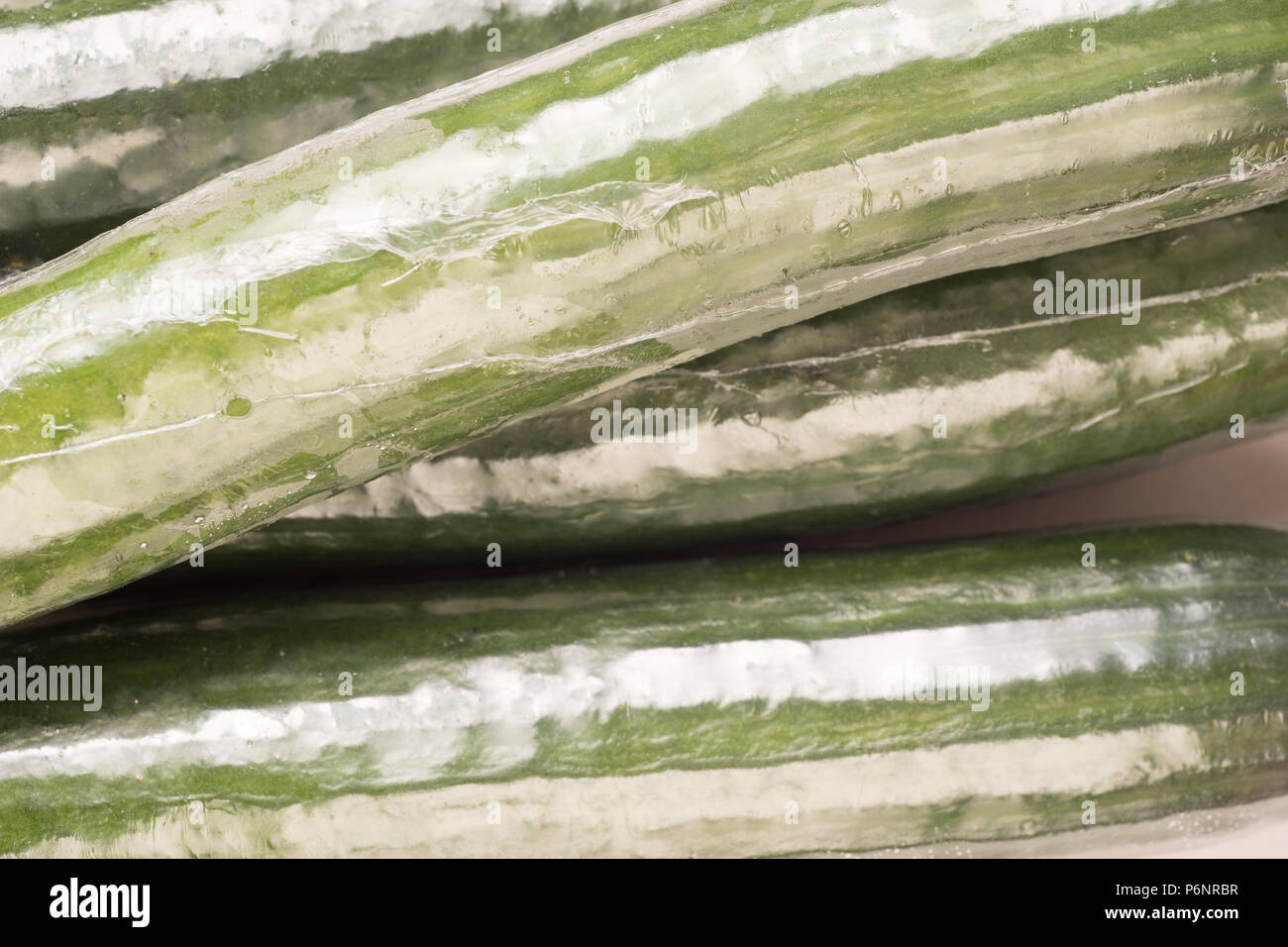 Bunch of cucumber wrapped in plastic films, close up and background ...