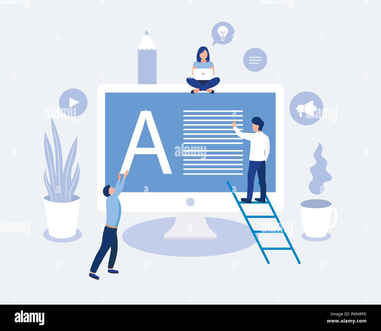 Blogging design concept. Small people write the text, make blog content ...