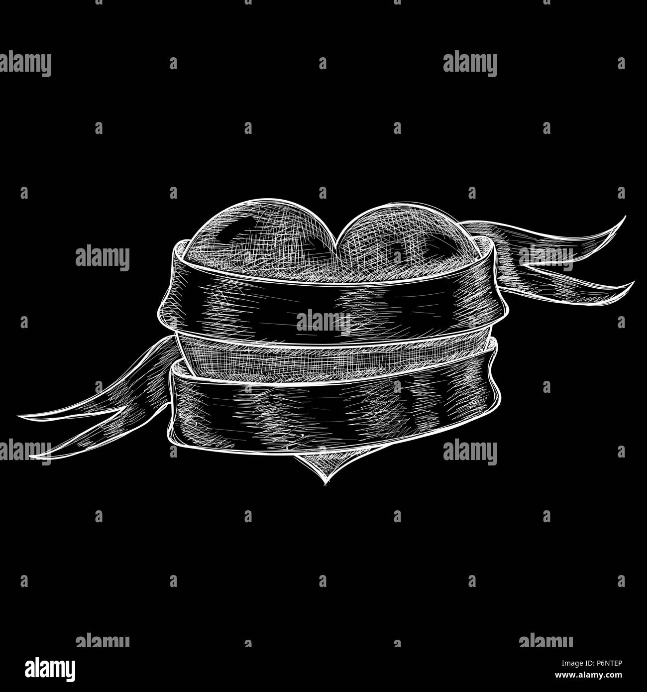 Heart wrapped with ribbon. Hand drawn sketch on black background Stock ...
